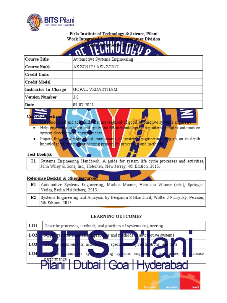 Bits Pilani Course Handout Ael | PDF | Systems Engineering | System