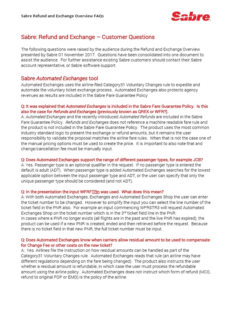 Sabre Refund and Exchange FAQs | PDF | Fee | Automation