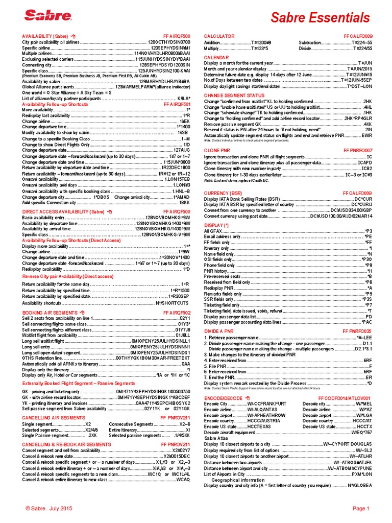 Sabre 1B Essentials Cluecard - 07032018 | PDF | Transport Companies ...