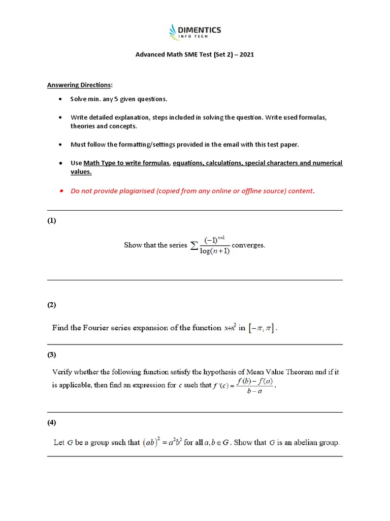 Advanced Math SME Test (Set 2) - 2021 | PDF