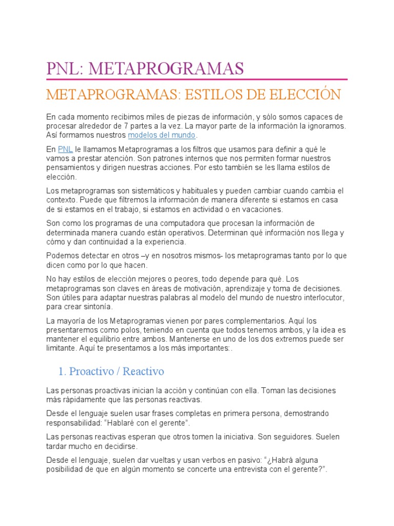 PNL Metaprogramas | PDF | Información | Toma de decisiones