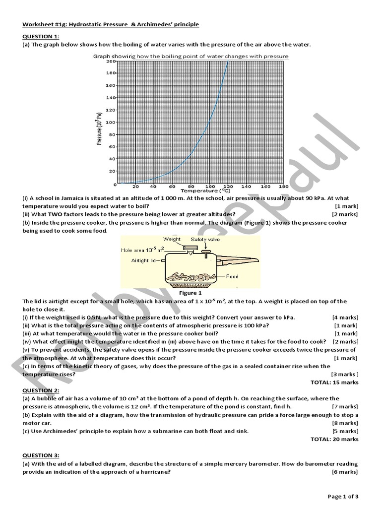 Worksheet #1g: Hydrostatic Pressure & Archimedes' Principle | PDF ...