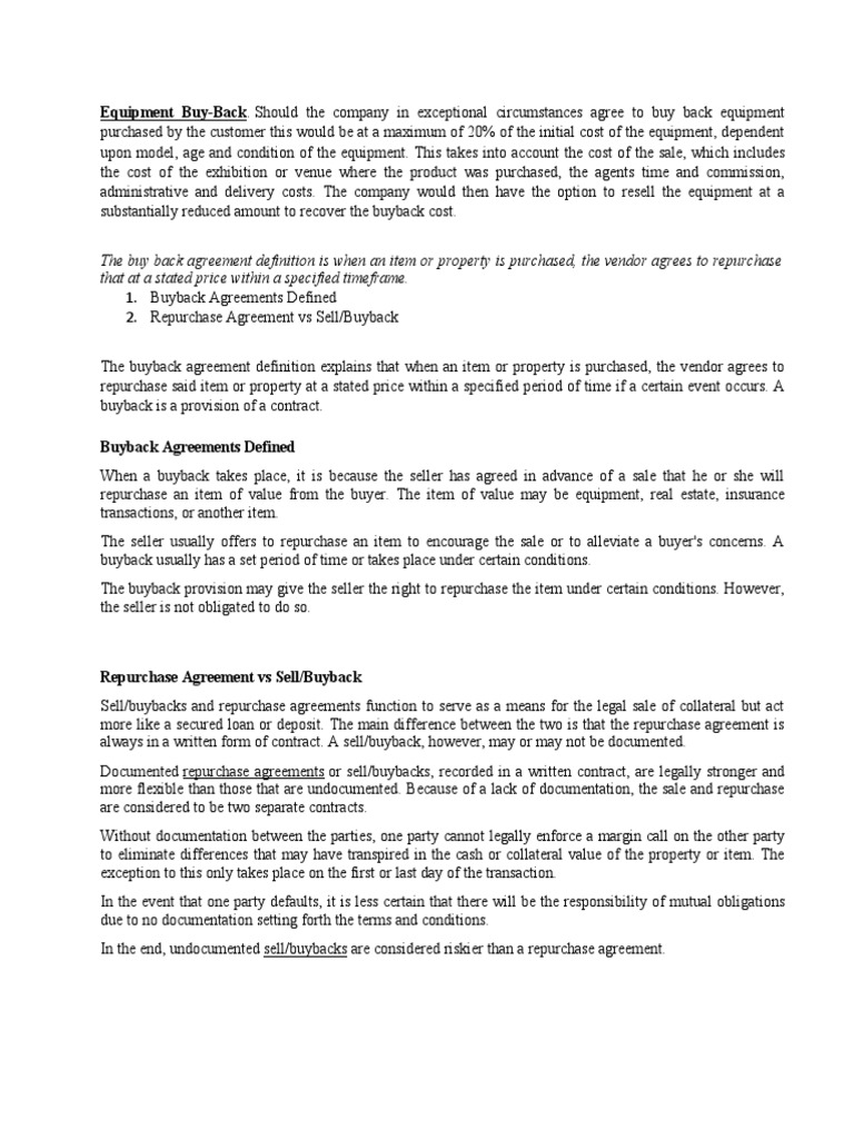 Equipment Buyback Agreement Overview | PDF | Repurchase Agreement ...