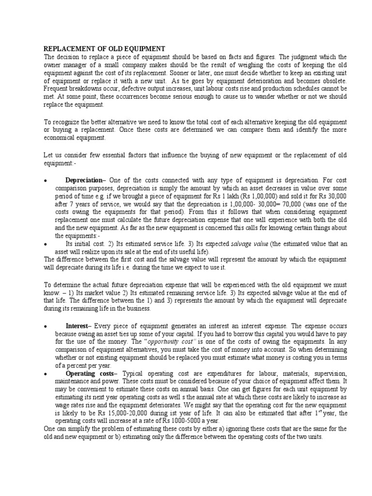 Replacement of Old Equipment | PDF | Depreciation | Cost