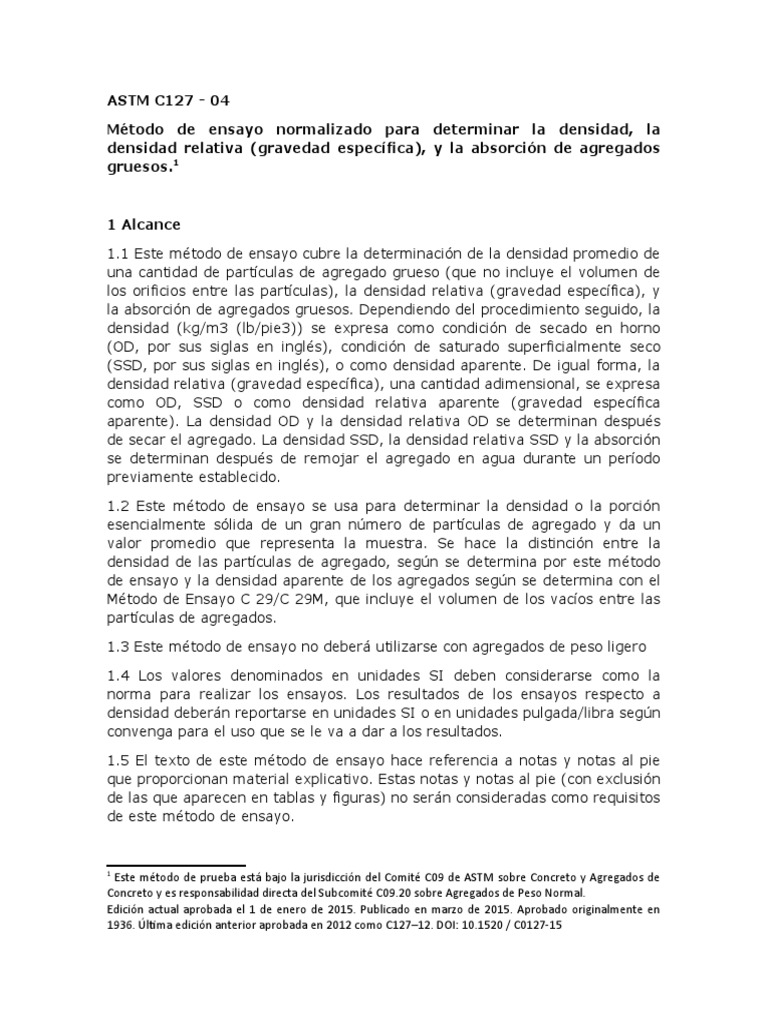ASTM C127 Español | PDF | Densidad | Absorción (Química)