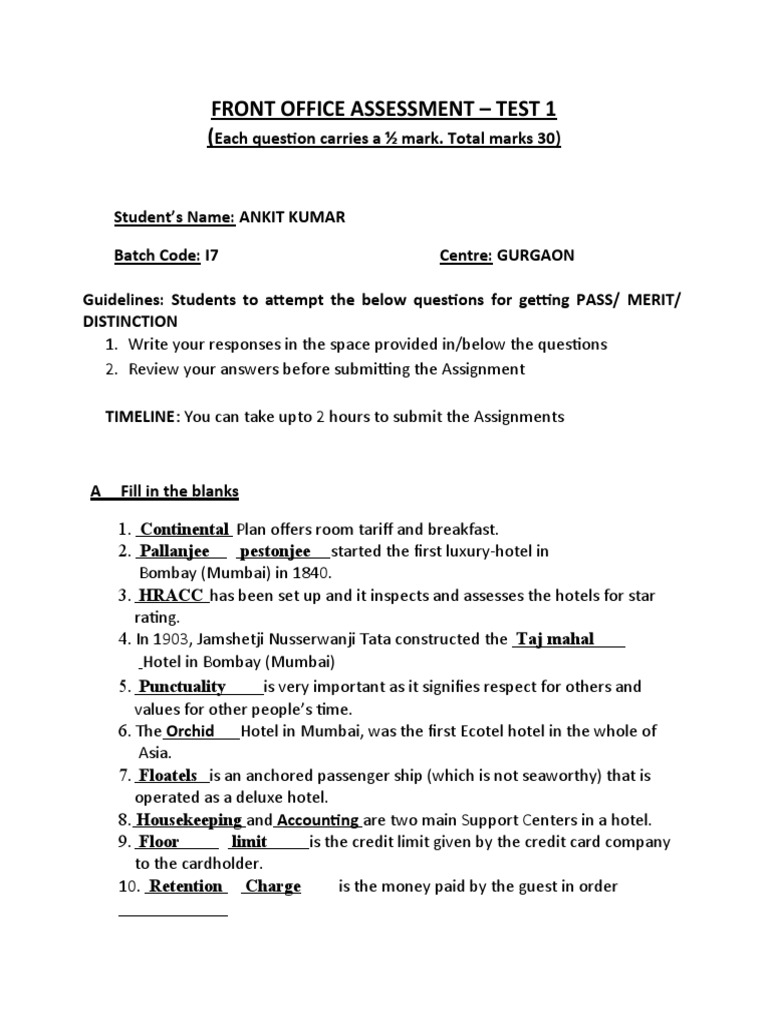 Front Office Assessment Test | PDF | Hotel | Payments