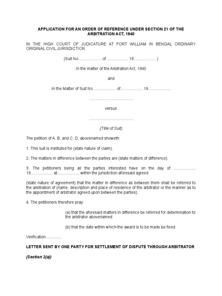 Application For An Order Of Reference Under Section 21 Of The