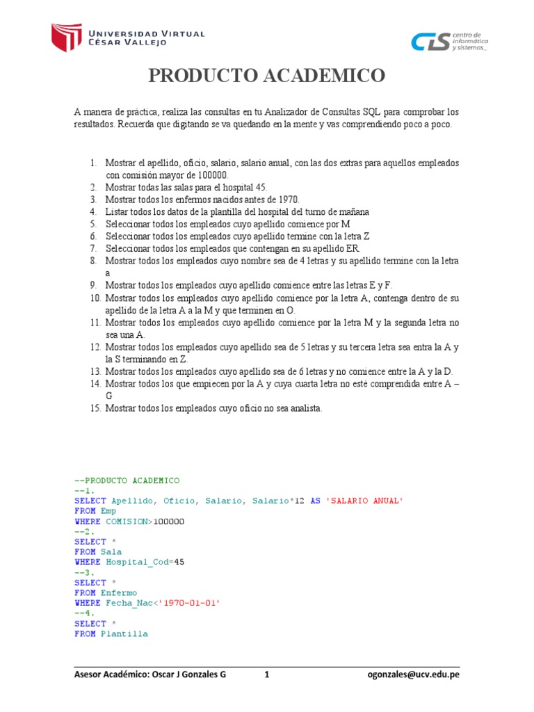 Practica SQL Hospital | PDF | SQL | Informática y tecnología de la información