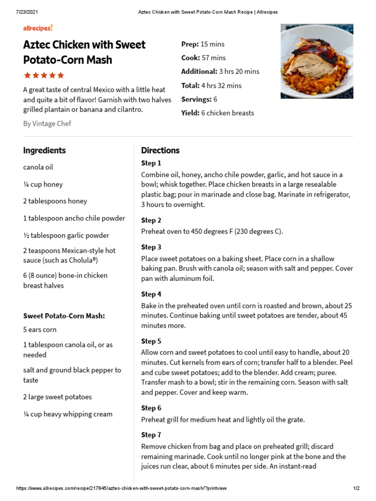 Aztec Chicken With Sweet Potato-Corn Mash Recipe | PDF | Sweet Potato ...