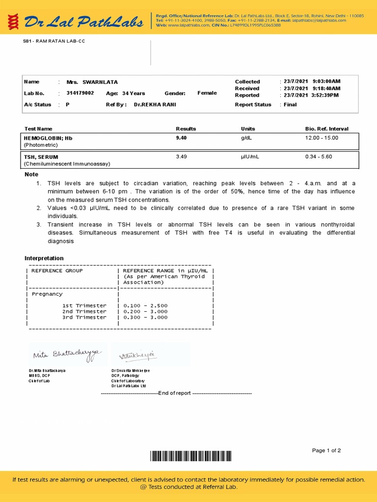 TSH Report for Mrs. Swarnlata | PDF | Thyroid Stimulating Hormone ...