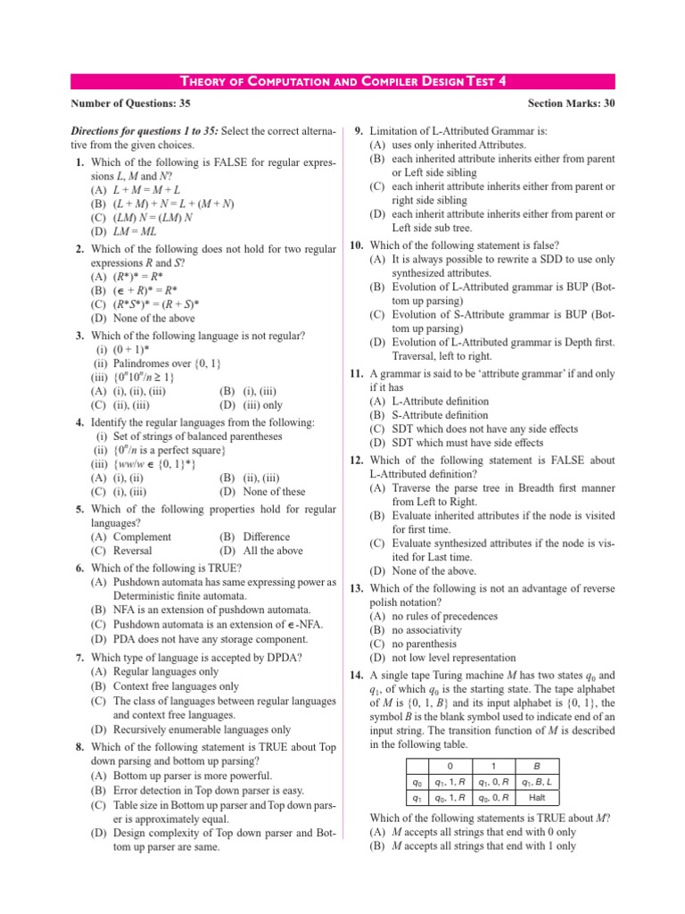 Theory Of Computation And Compiler Design Test 4 Number Of Questions