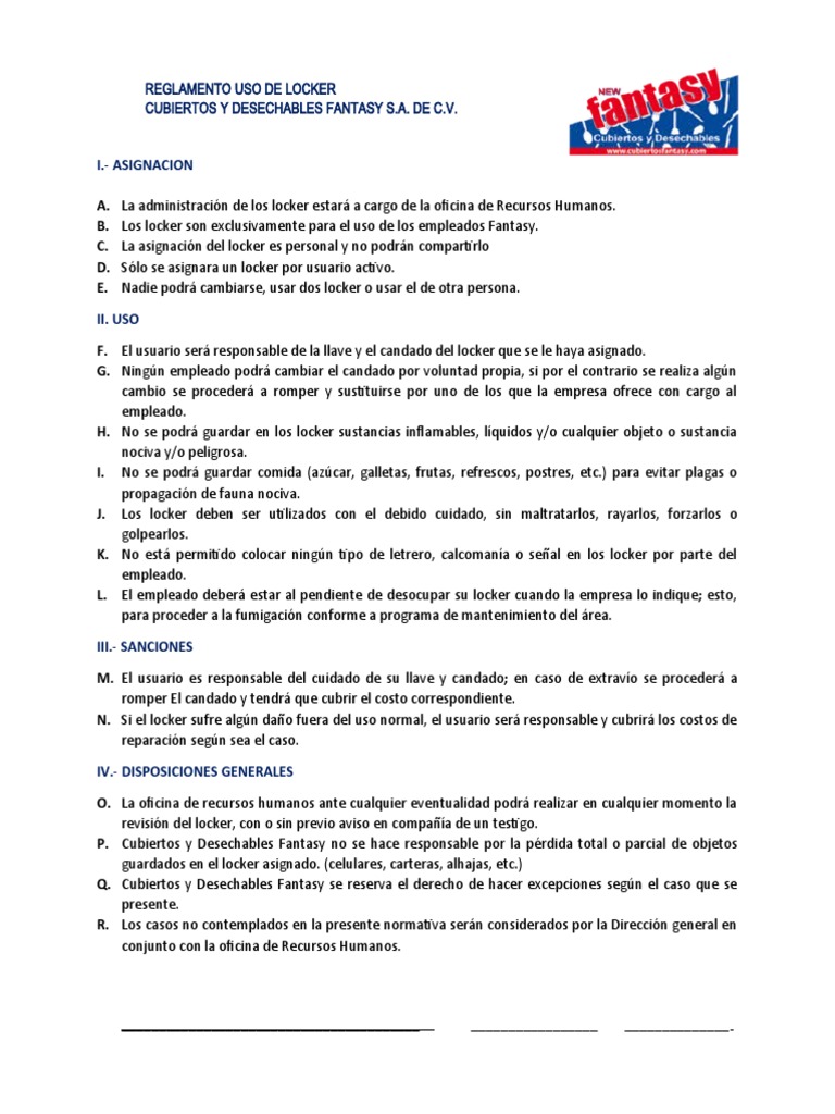 Reglamento de Uso de Lockers Fantasy S.A. | PDF | Gestión de recursos ...