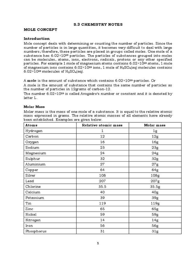 S.3 Chemistry Notes Mole Concept: Molar Mass | PDF | Gases | Mole (Unit)