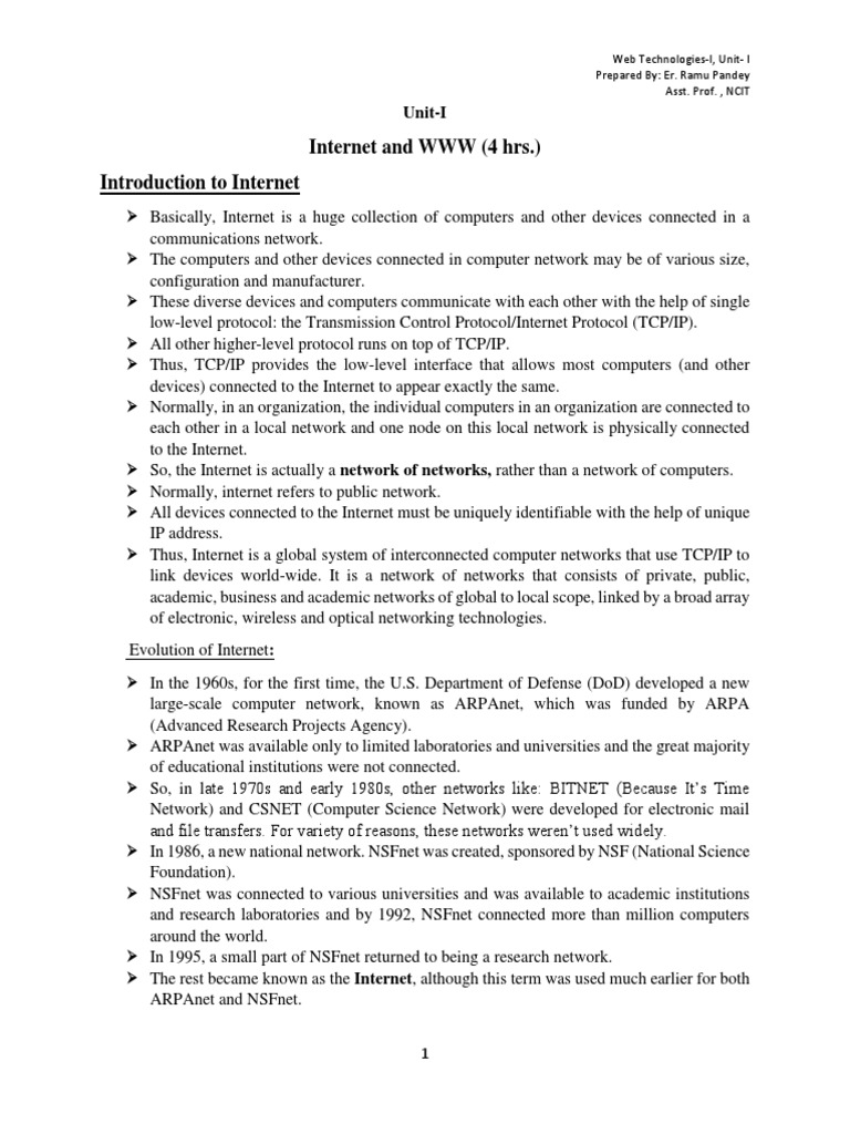 Internet and WWW (4 HRS.) Introduction To Internet: Unit-I | Download ...