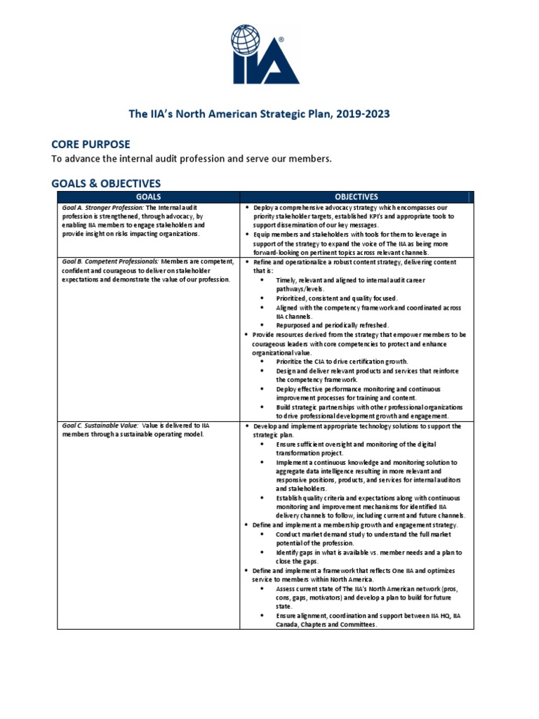 The IIA's North American Strategic Plan, 2019-2023 Core Purpose | PDF ...