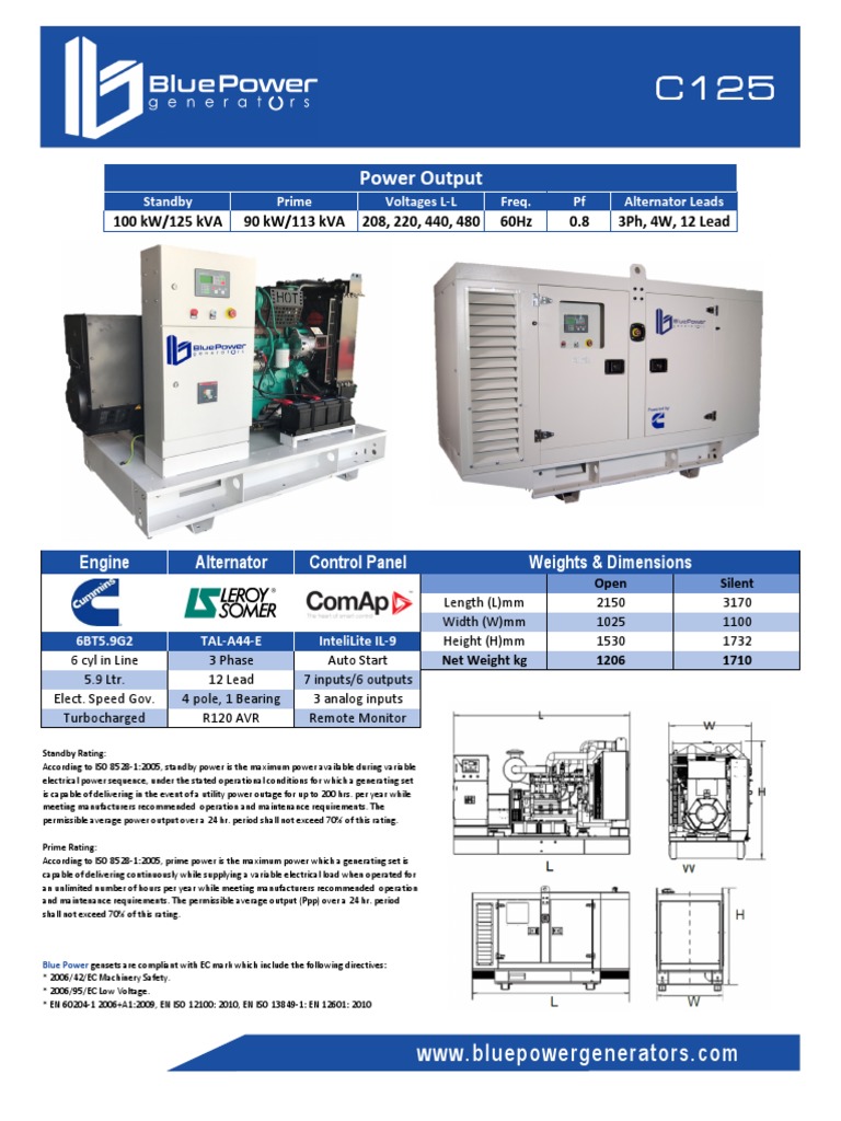 90 kW Prime / 113 kVA Standby Diesel Generator Set with 6BT5.9G2 Engine ...