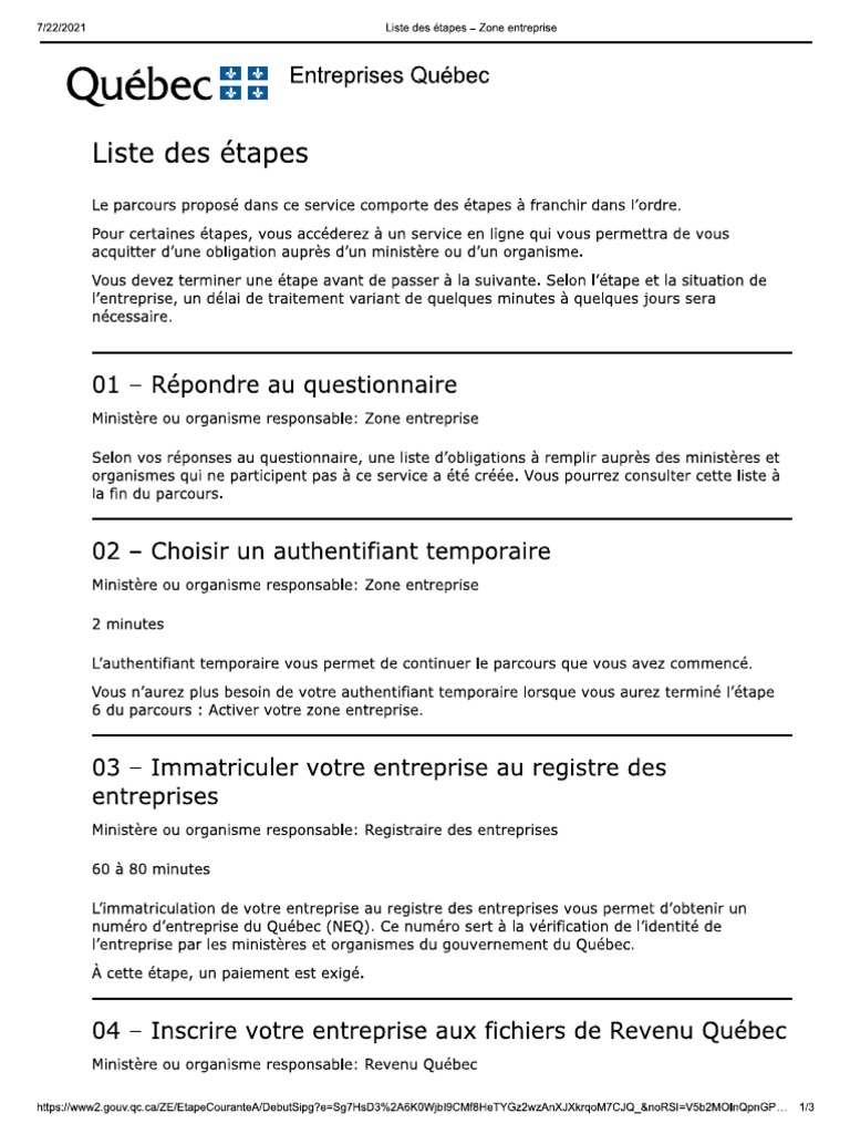 Etapes Entreprise Quebec | PDF
