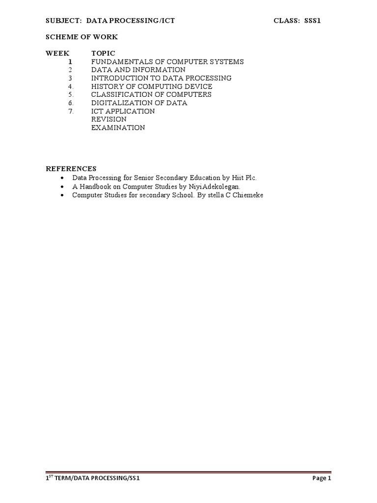 First Term SS1 Data Processing | PDF | Microcomputers | Data