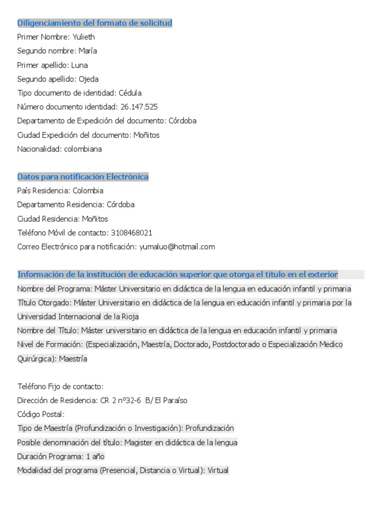 Formulario de Convalidacion Yulieth | PDF