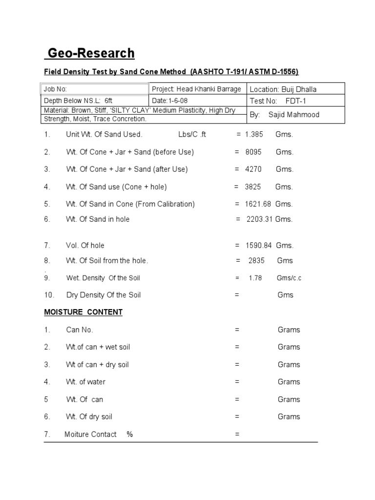 Geo-Research: Field Density Test by Sand Cone Method (AASHTO T-191 ...