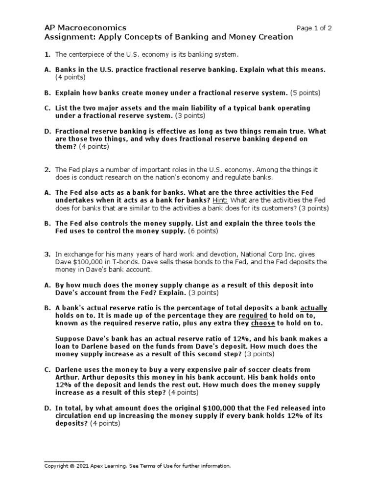 AP Macroeconomics Assignment: Apply Concepts of Banking and Money ...