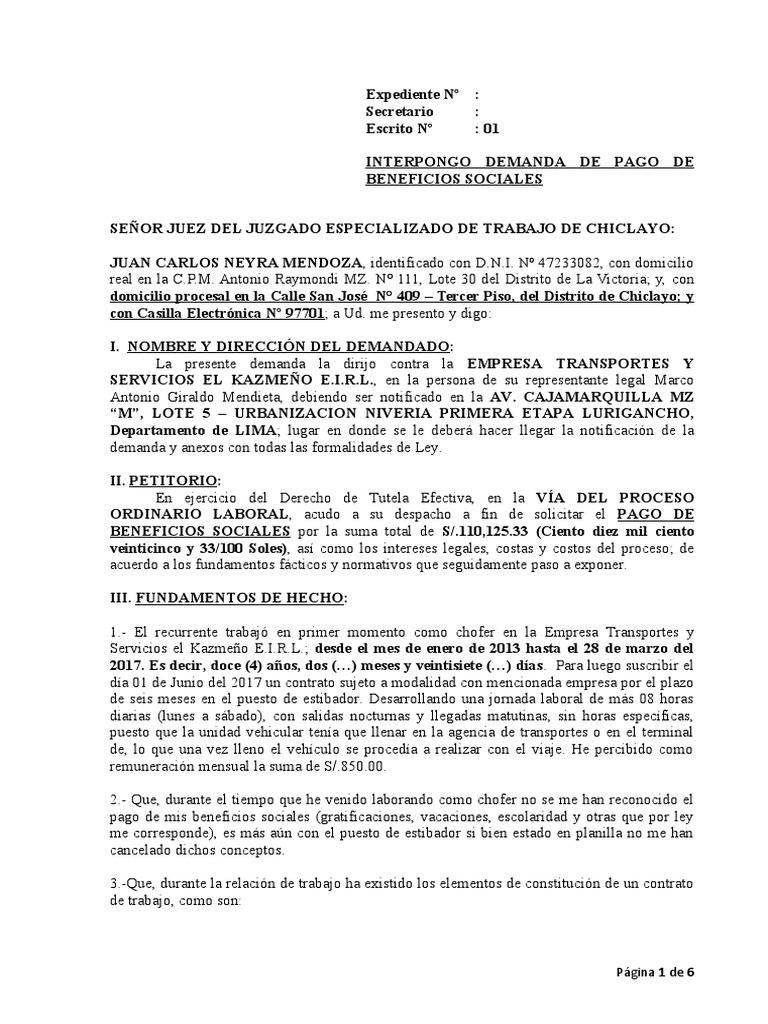 Demanda de Beneficios Sociales Juan Carlos Neyra | PDF | Derecho laboral | Salario