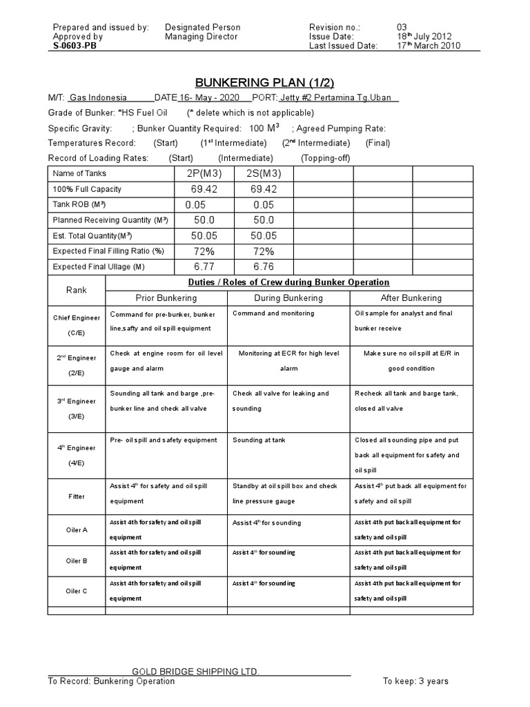 S-0603-PB Bunker Plan (Mfo) | PDF | Fuel Oil | Energy And Resource