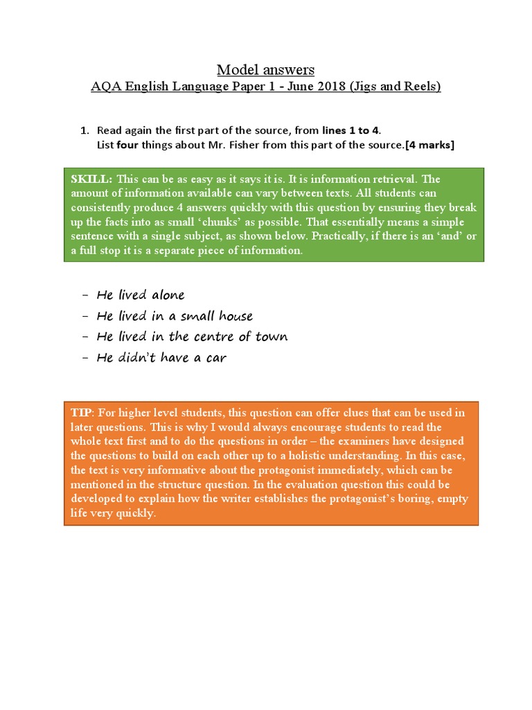 Model Answers: AQA English Language Paper 1 - June 2018 (Jigs and Reels ...