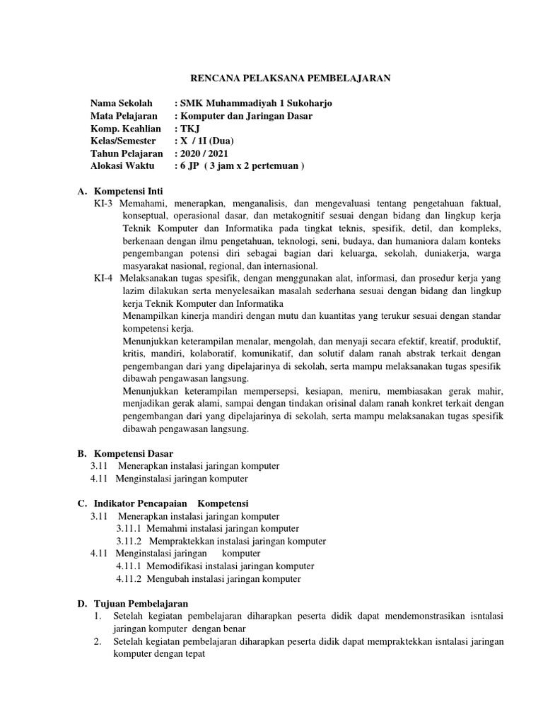 RPP Komputer Dan Jaringan Dasar Kelas X | PDF