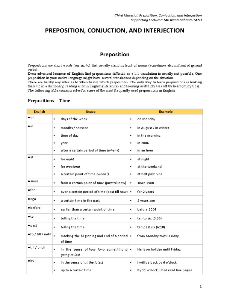 3rd Material - Preposition, Conjunction, and Interjection | PDF ...