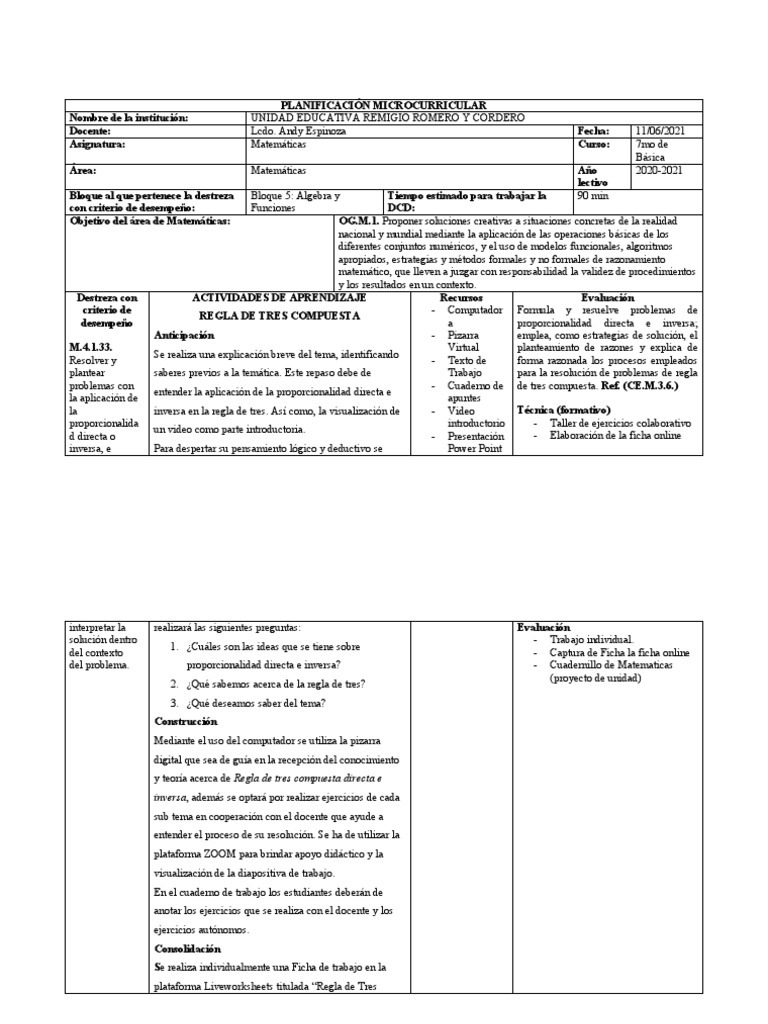 PLANIFICACIÓN MICROCURRICULAR Clase Demostrativa | PDF | Enseñanza de matemática | Planificación