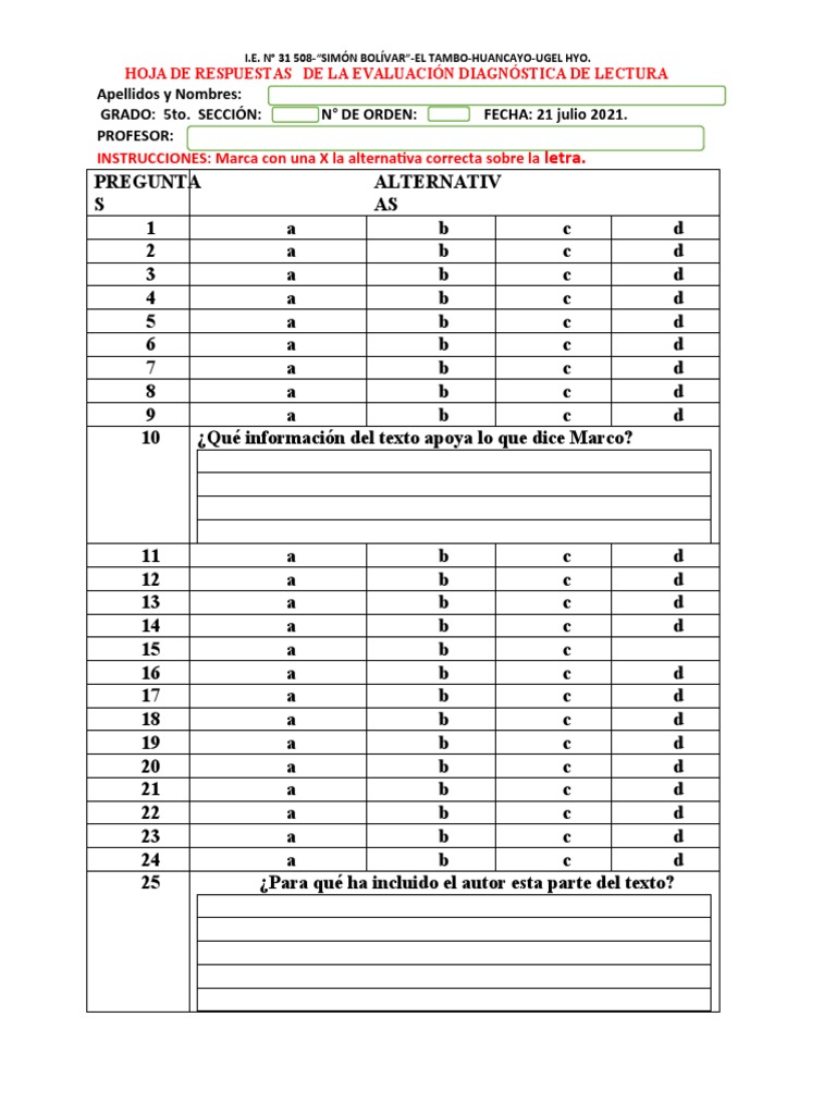 Hoja de Respuestas Lectura | PDF