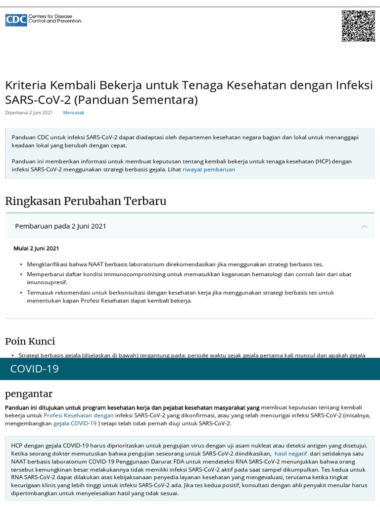 Kriteria Kembali Bekerja Untuk Tenaga Kesehatan - CDC | PDF