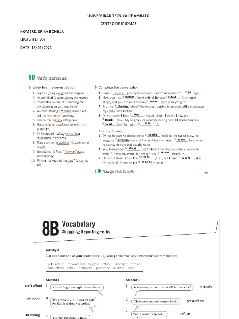 Grammar and Vocabulary Activities Lesson B8 | PDF