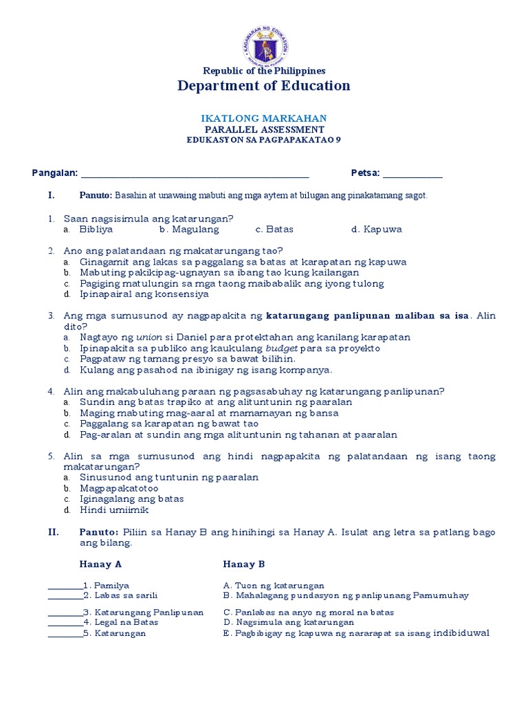 ESP9 3rd Quarter Parallel Assessment | PDF