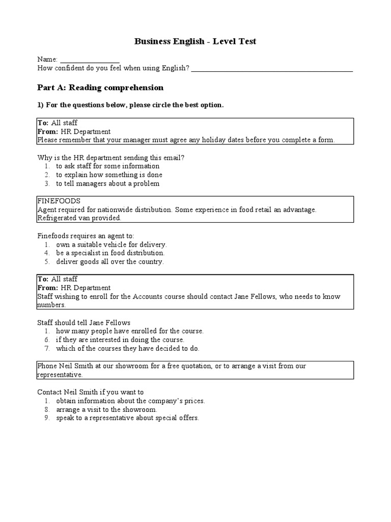 Business English Level Assessment Test | PDF | Communication | Business
