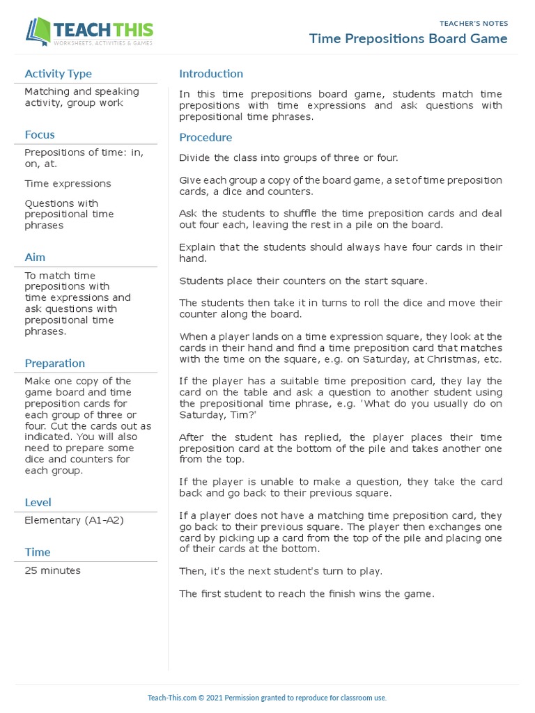 Time Prepositions Board Game | PDF | Workweek And Weekend | Go
