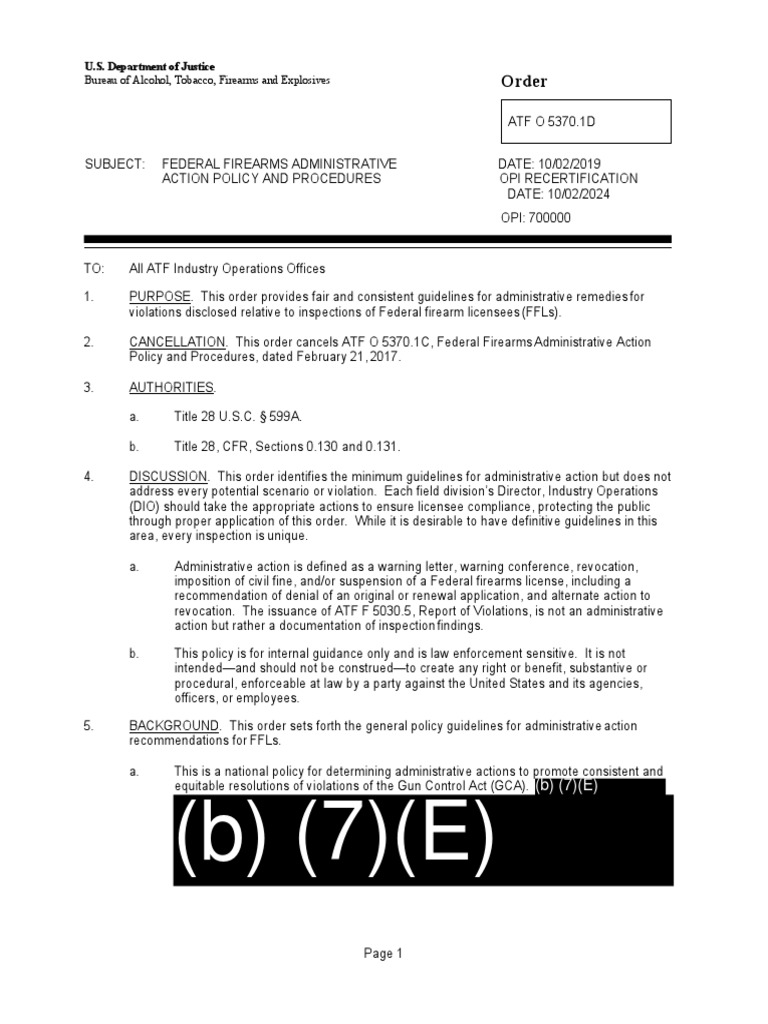 ATF Response ATF O 5370 Federal Firearms Administrative Action Policy ...