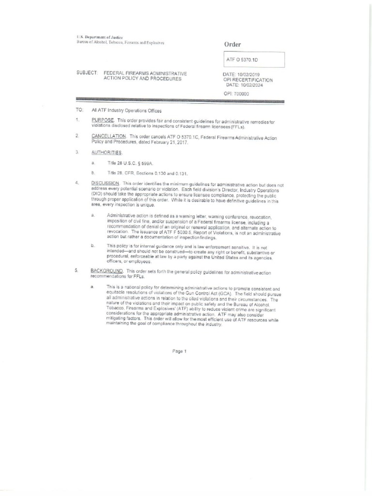 ATF Response ATF O 5370 Federal Firearms Administrative Action Policy ...