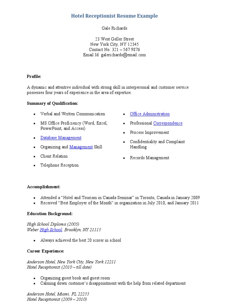 Hotel Receptionist Resume Example | PDF
