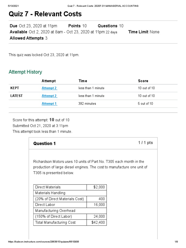 Quiz 7 - Relevant Costs - 2020F-01 - MANAGERIAL ACCOUNTING | PDF ...