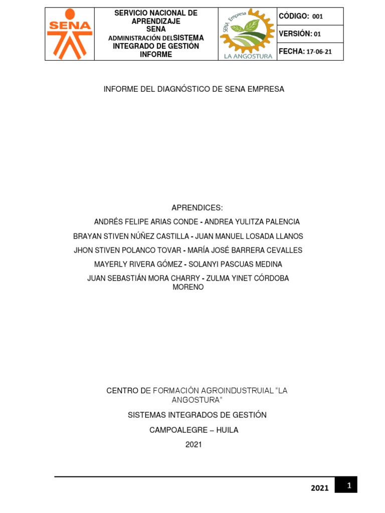 Informe Sena Empresa-Sub Sistema de Gestión de Calidad | PDF | Sistema de manejo de calidad ...