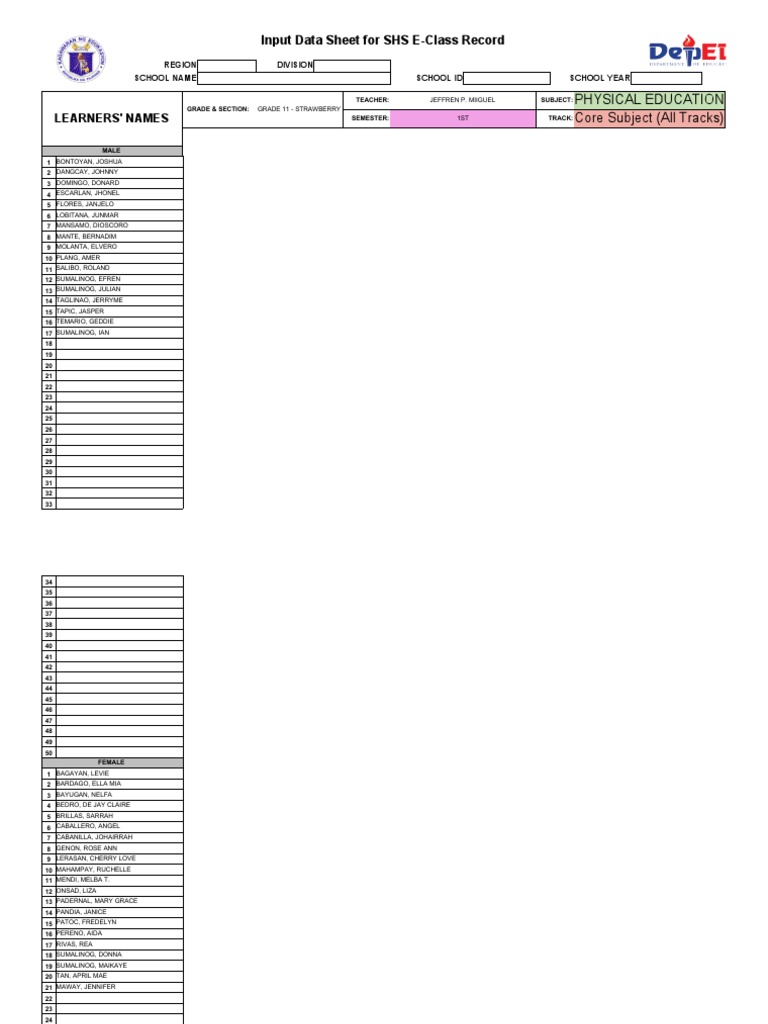 Sample Grade 11 Class Record | PDF | Medical