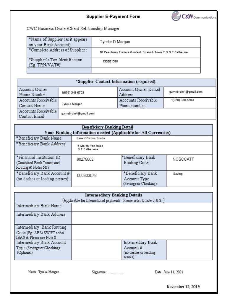 Supplier E-Payment Form Instructions | PDF | Financial Services | Banking