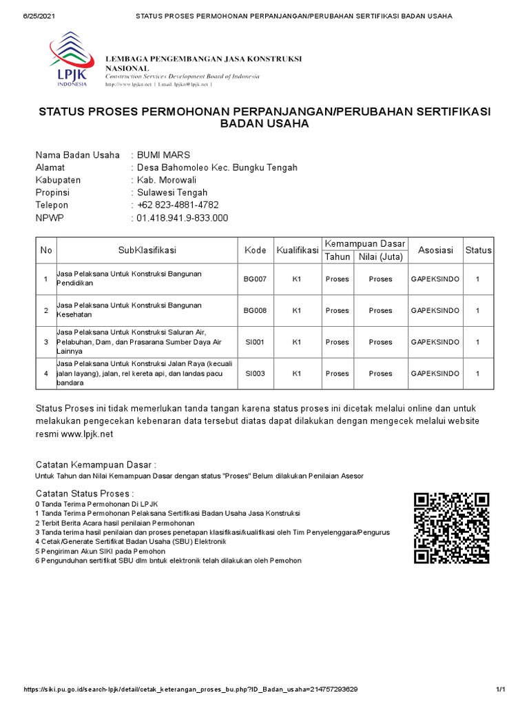 Status Proses Permohonan Perpanjangan Sbu | PDF