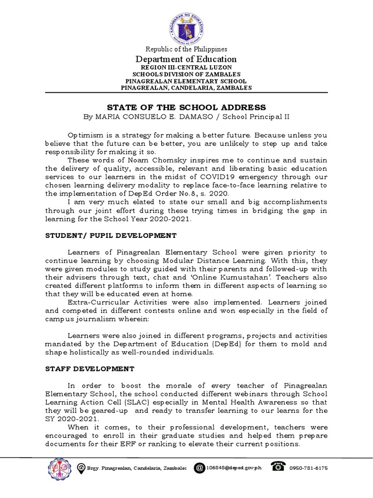 Department of Education: State of The School Address | PDF | Distance ...