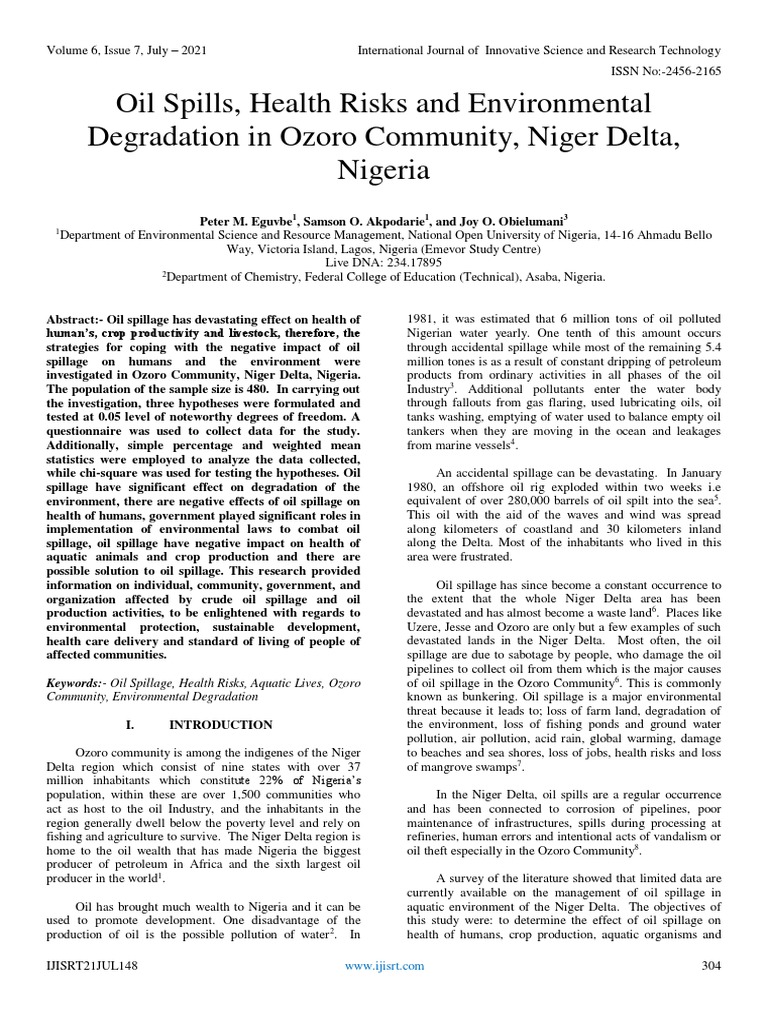 Oil Spills, Health Risks and Environmental Degradation in Ozoro ...