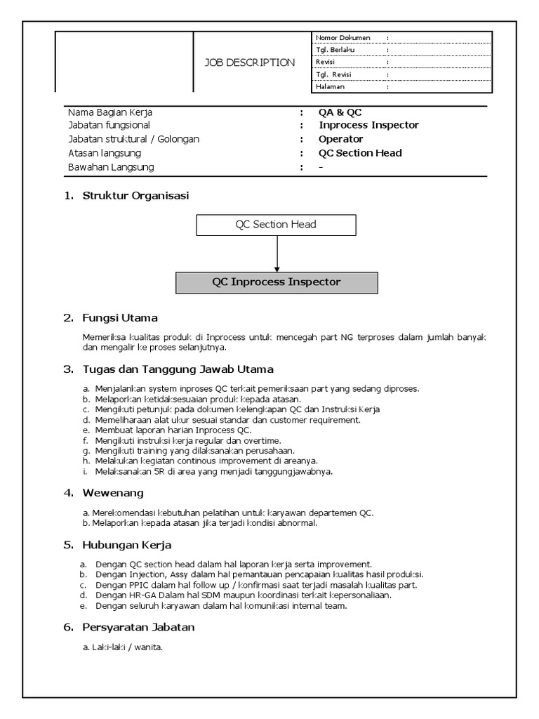 Job Desc QC Inprocess | PDF