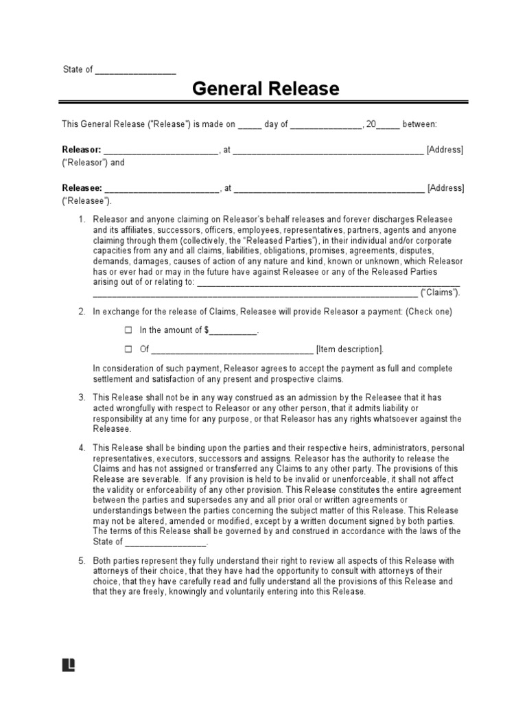 General Release: Releasor: - , at - (Address) | PDF | Legal Liability ...