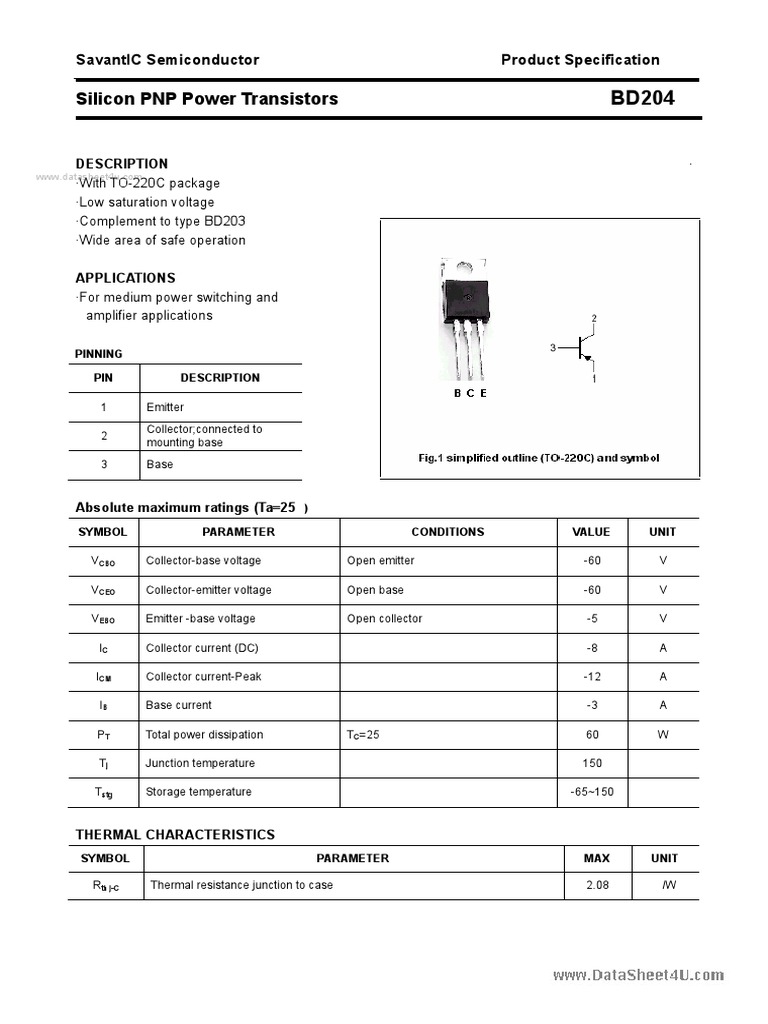 BD204 SavantIC | PDF | Bipolar Junction Transistor | Transistor